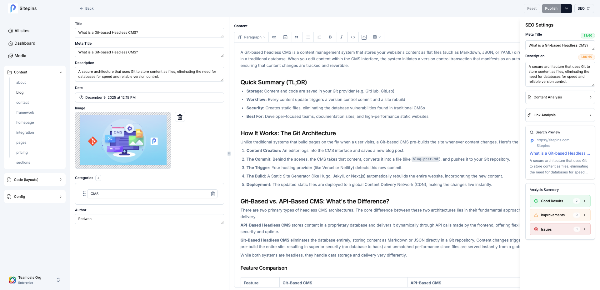Sitepins CMS Dashboard